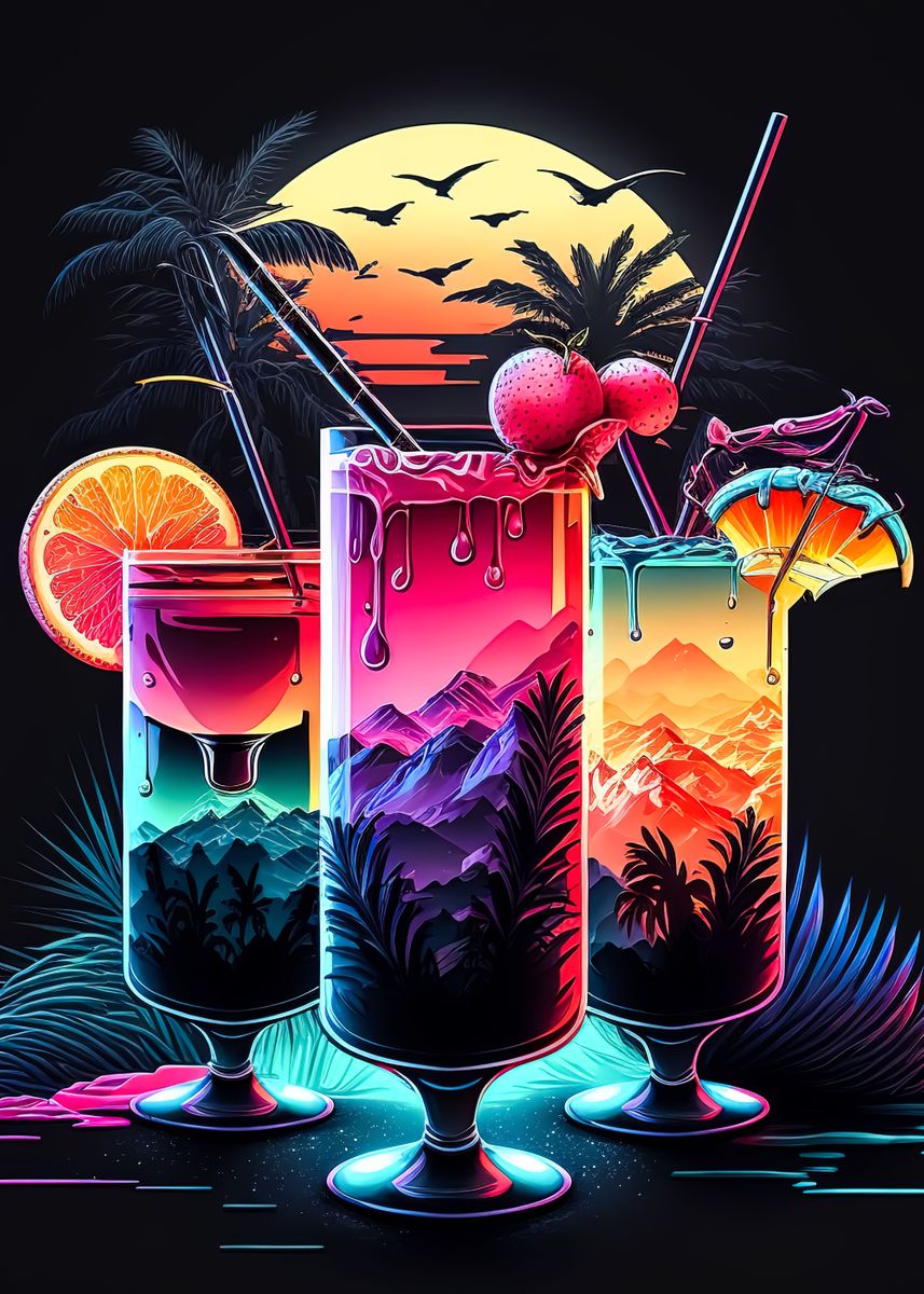 'Cocktail Drink Neon' Poster, picture, metal print, paint by Isla Daven | Displate