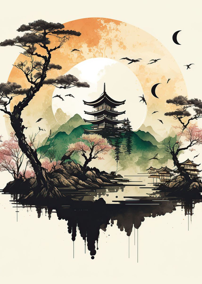 'Japan Landscape' Poster, picture, metal print, paint by Desiree Mendez ...