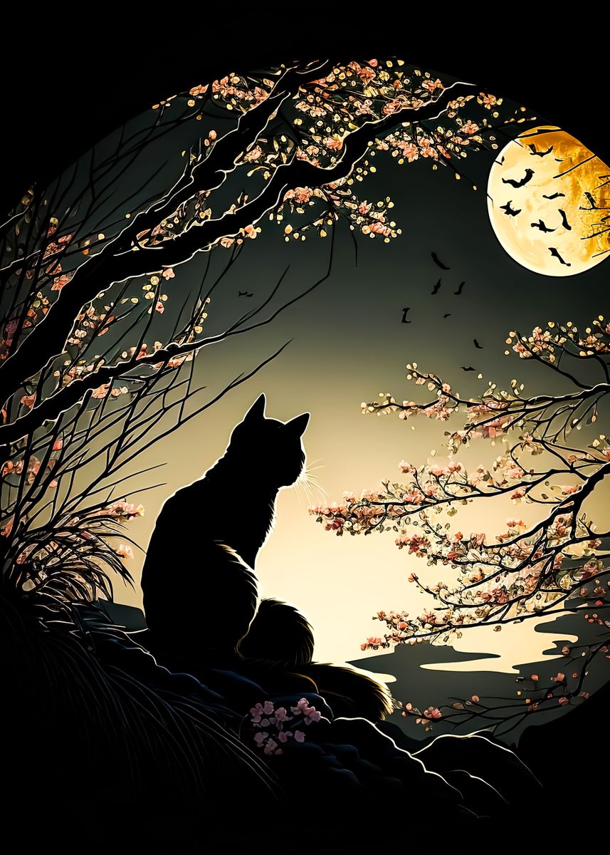 'Cat moon japan ' Poster, picture, metal print, paint by Philippa ...