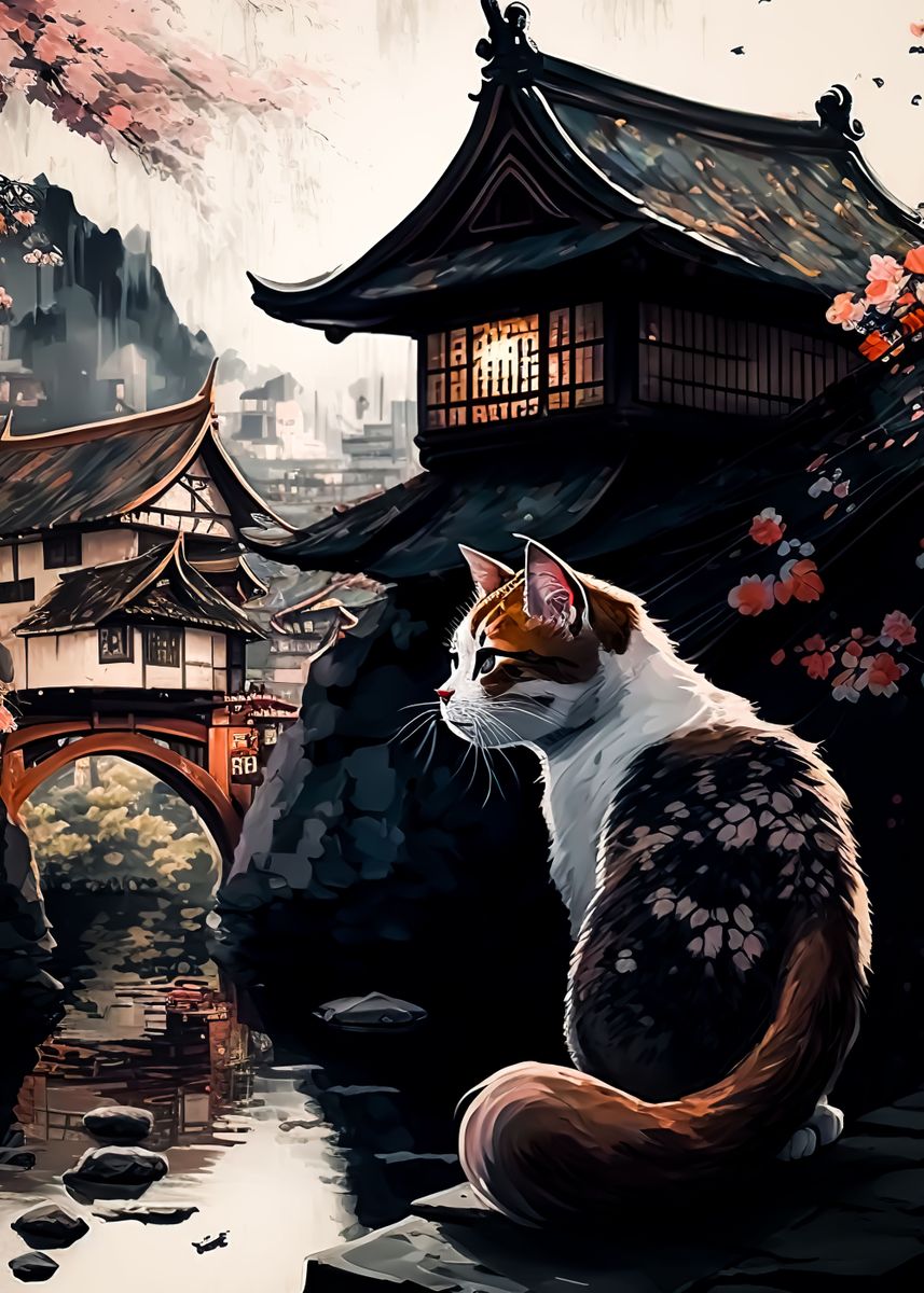 'Cat moon japan ' Poster, picture, metal print, paint by Philippa ...