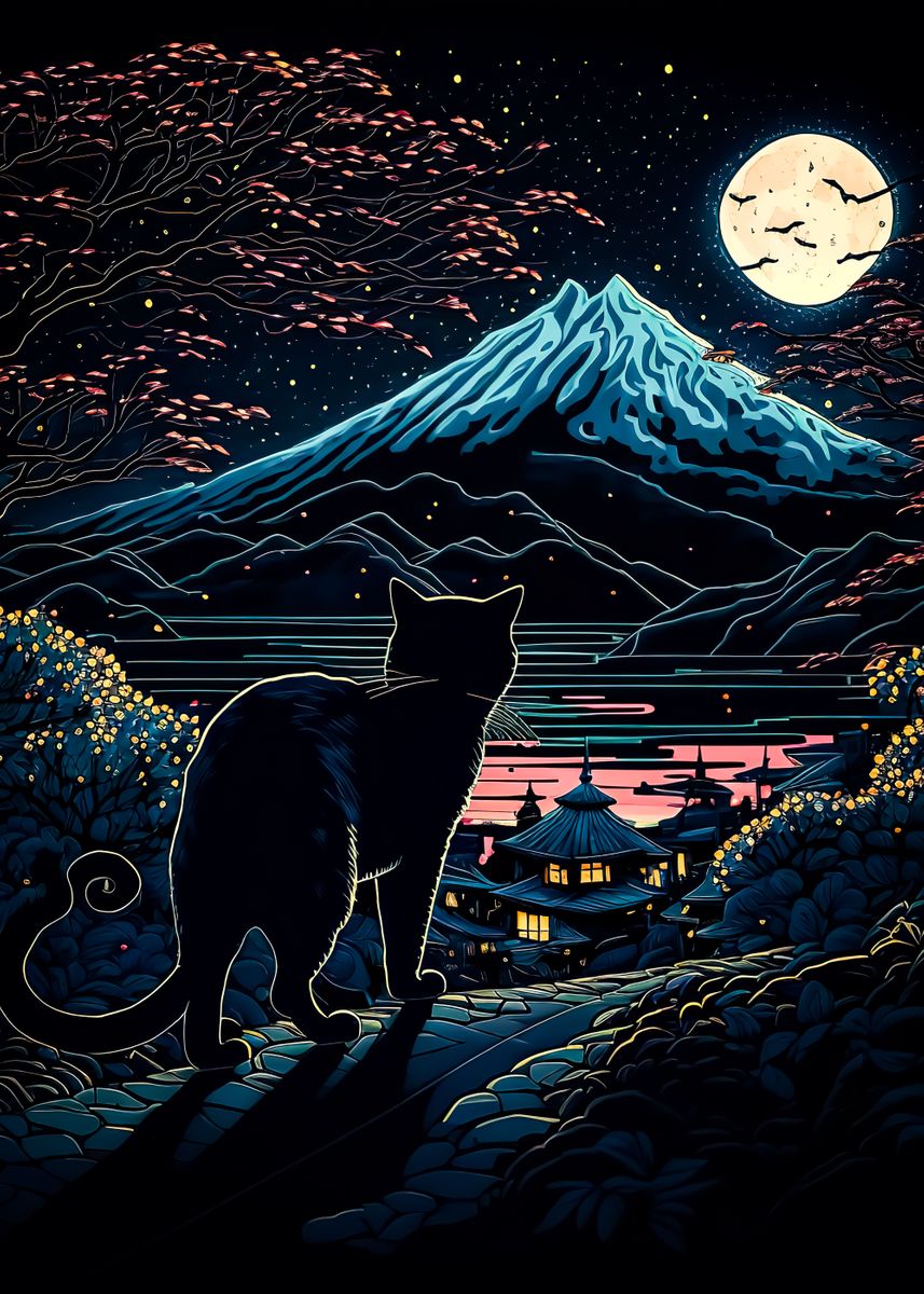 'Cat moon japan ' Poster by Philippa Quintero | Displate