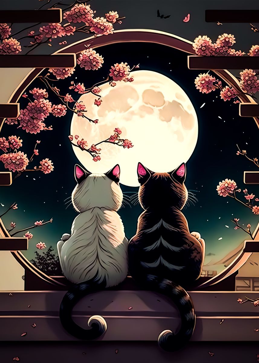 'Cat moon japan ' Poster, picture, metal print, paint by Philippa ...