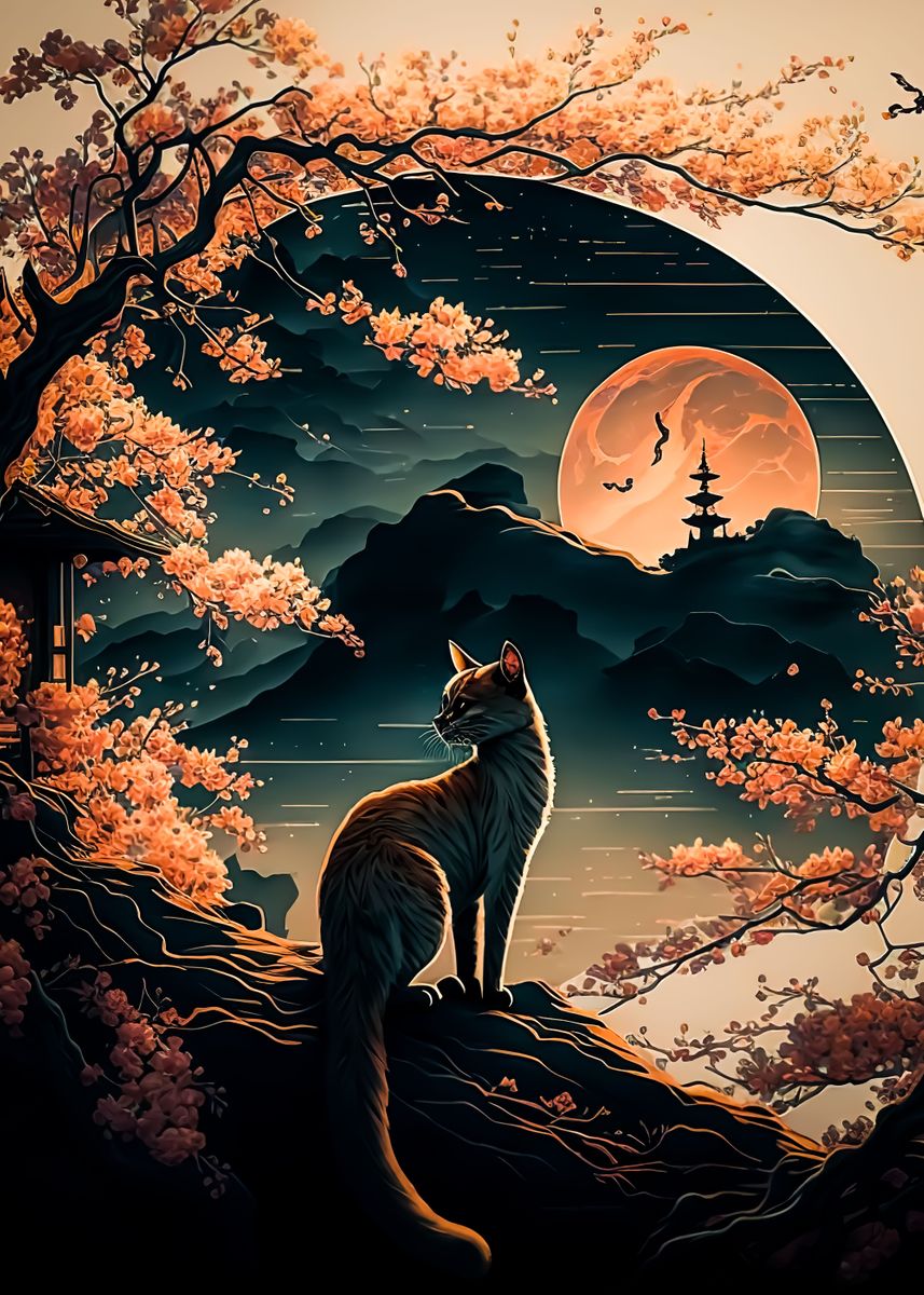 'Cat moon japan ' Poster, picture, metal print, paint by Philippa ...