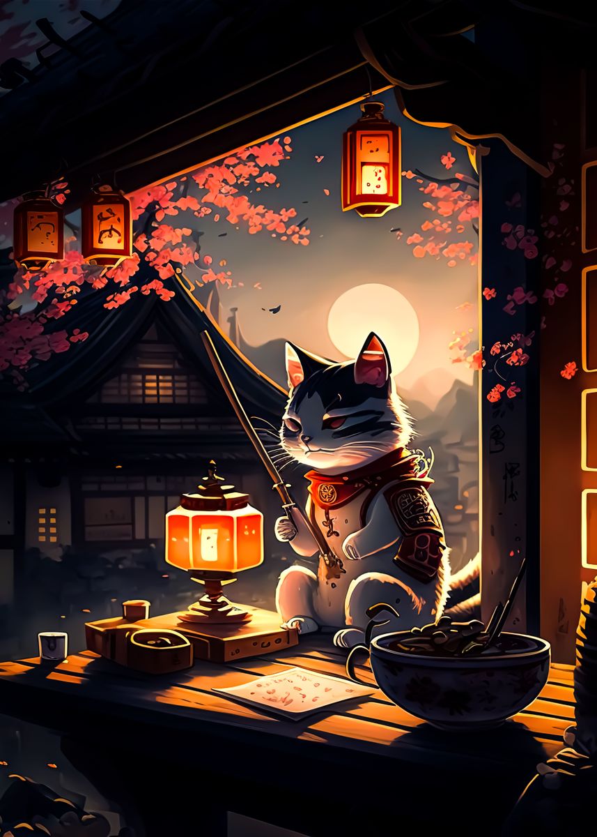 'Cat moon japan ' Poster, picture, metal print, paint by Philippa ...