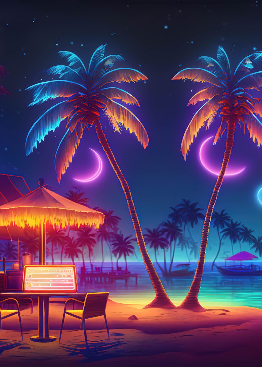 'Outdoor Bar Beach Neon' Poster, picture, metal print, paint by Anime ...