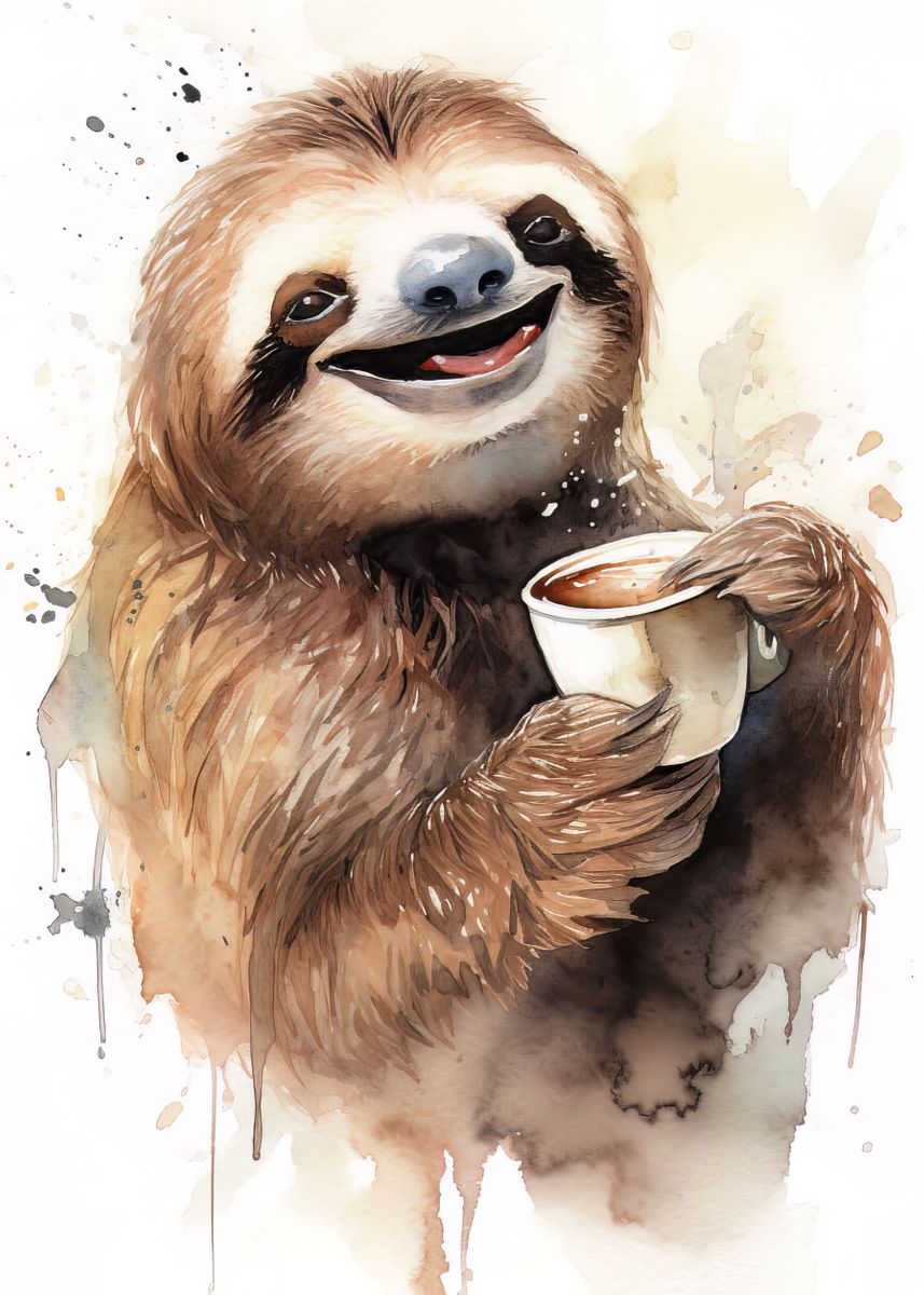 'Sloth at Coffee Time' Poster, picture, metal print, paint by Scott ...