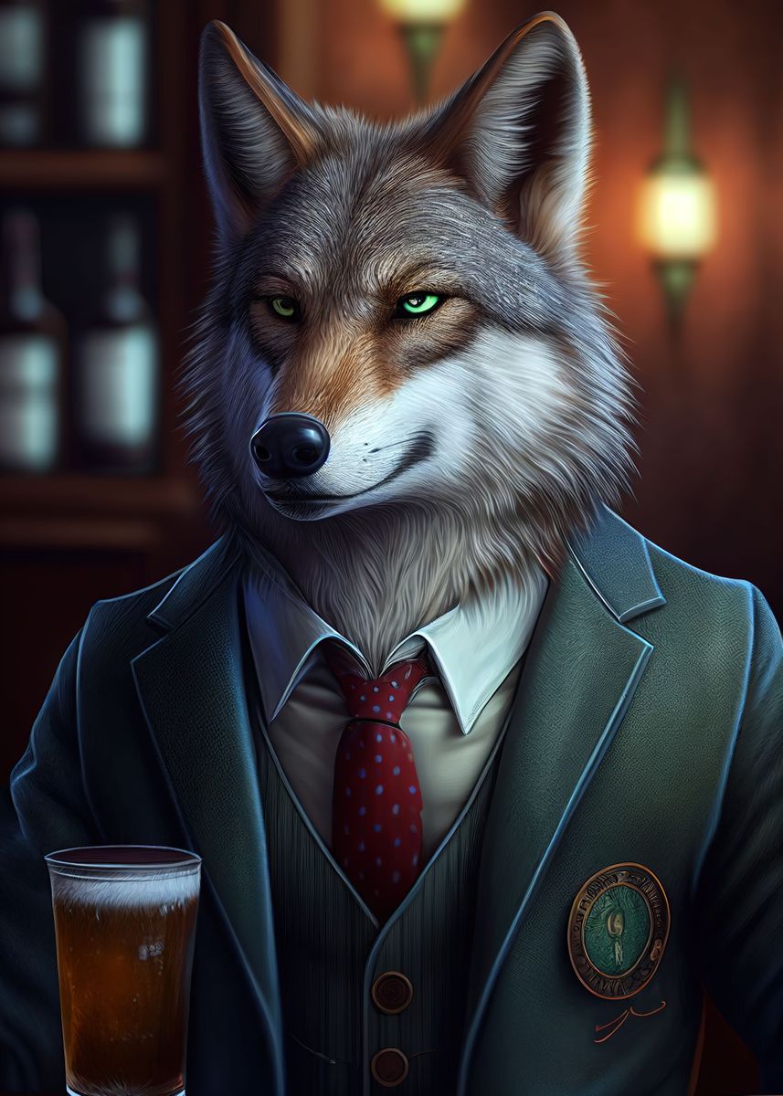 'Wolf Barkeeper Suit Animal' Poster by Whimsical Animals | Displate