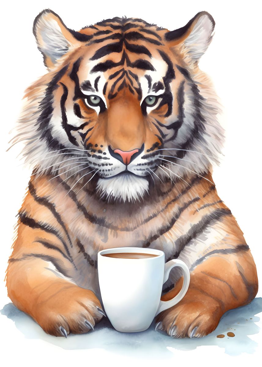 'Tiger with coffee' Poster, picture, metal print, paint by CheTatanka ...