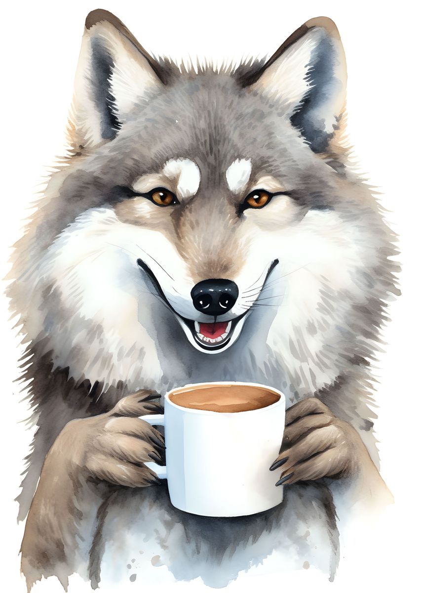 'wolf with coffee' Poster, picture, metal print, paint by CheTatanka ...