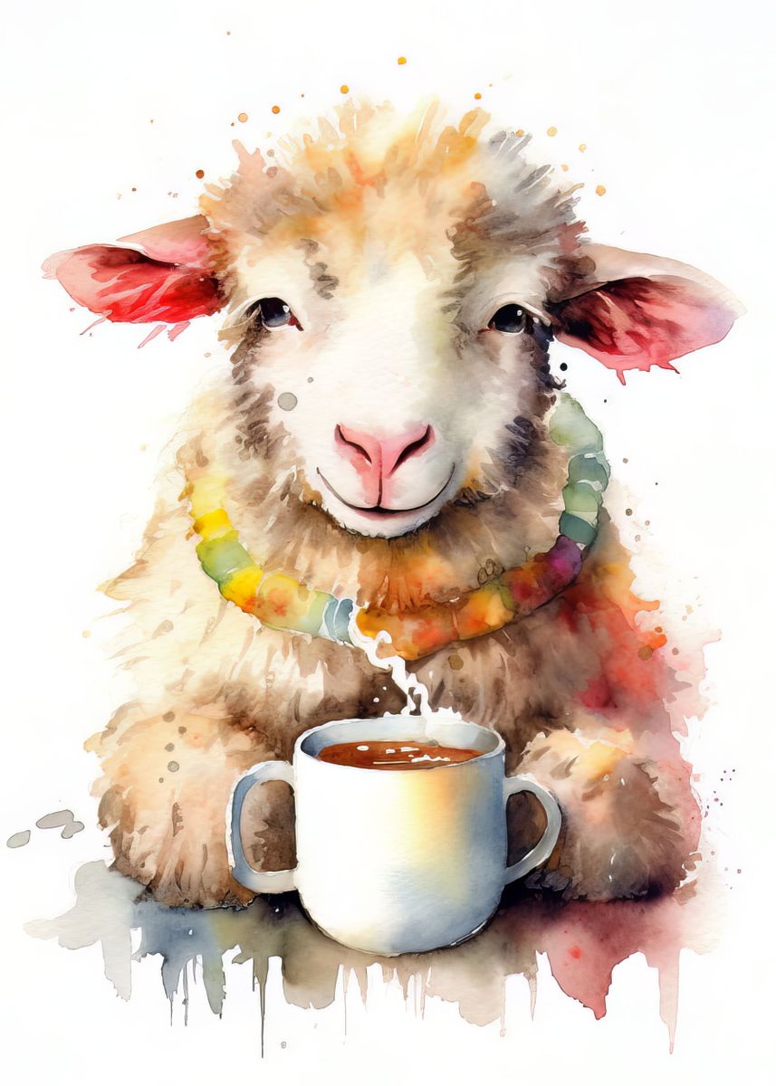 'Sheep with Coffee' Poster, picture, metal print, paint by Scott Prokop ...