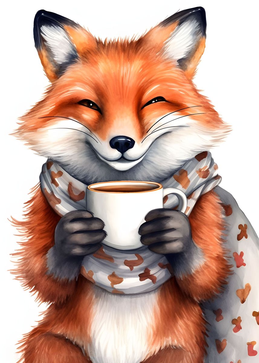 ' fox with coffee' Poster, picture, metal print, paint by CheTatanka ...