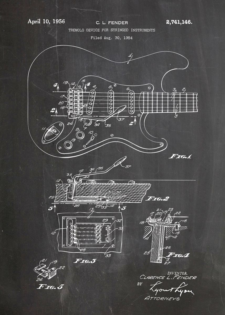 'Fender patent 1956' Poster, picture, metal print, paint by Designersen ...