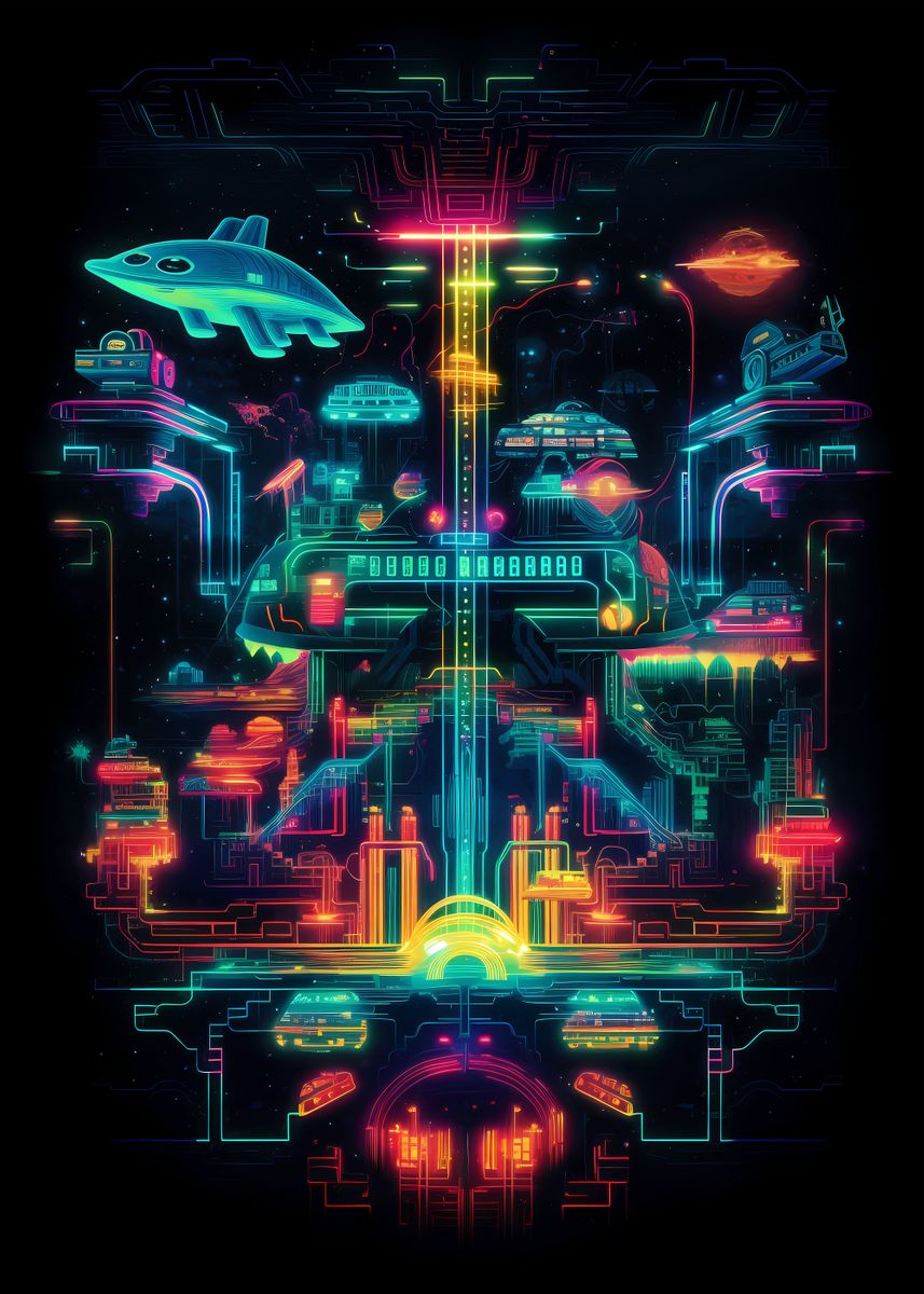 'Futuristic Neon City Art' Poster, picture, metal print, paint by ...