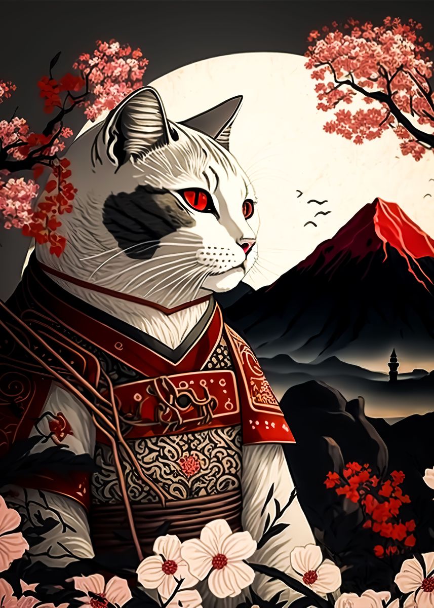 'Cat Samurai' Poster, picture, metal print, paint by NeoRowe | Displate
