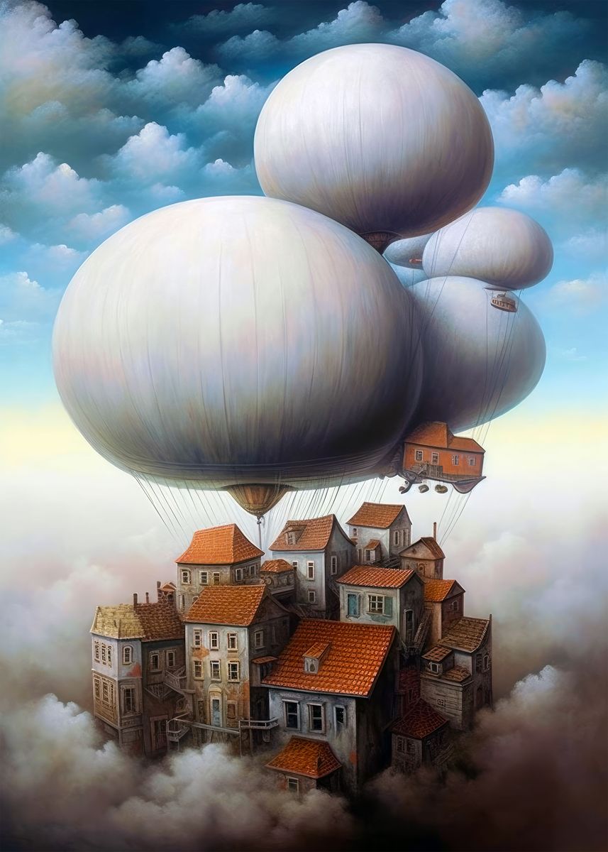 'The Flying Town and clouds' Poster, picture, metal print, paint by ...