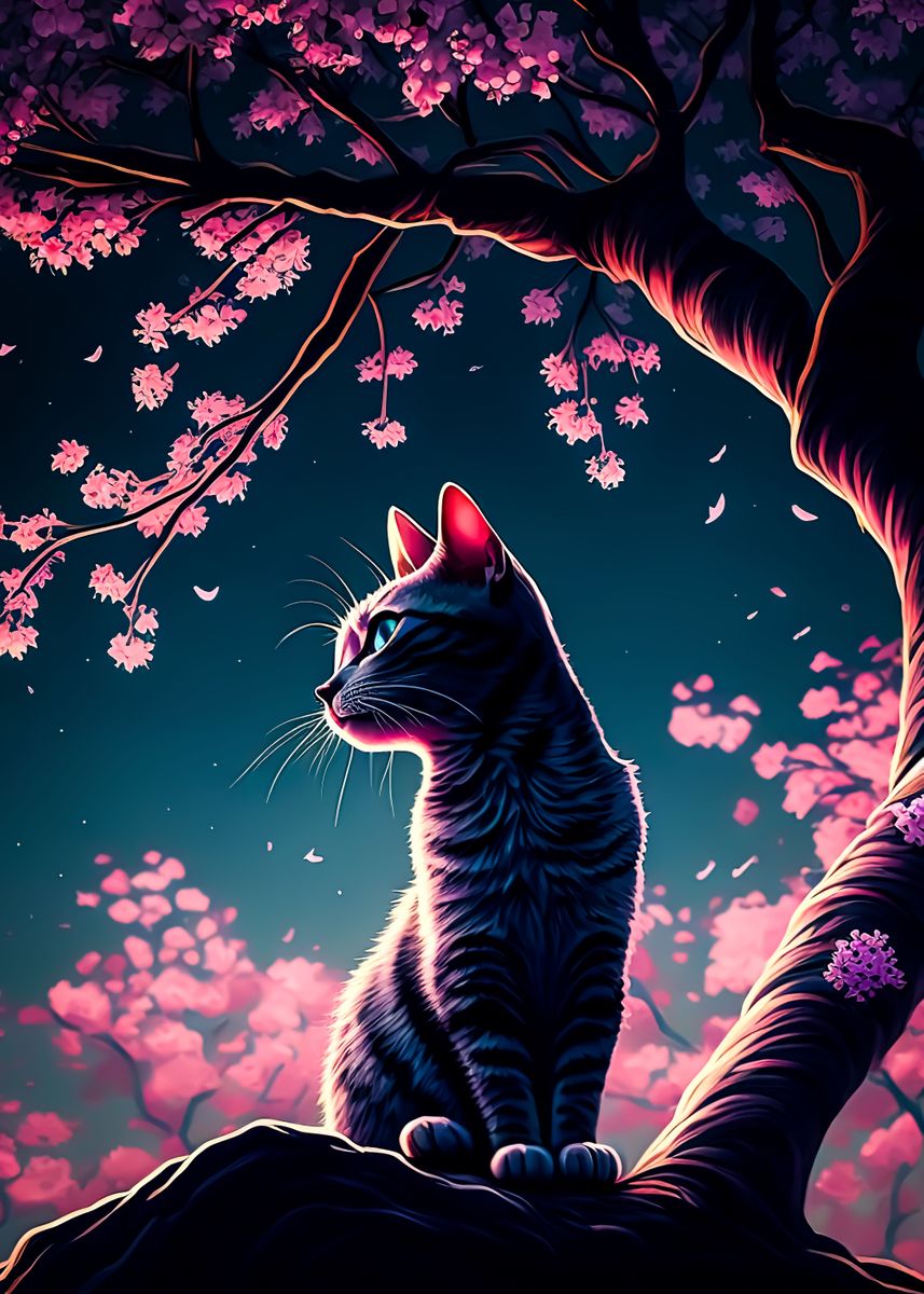 'Cat Cherry Blossoms' Poster, picture, metal print, paint by NeoRowe ...