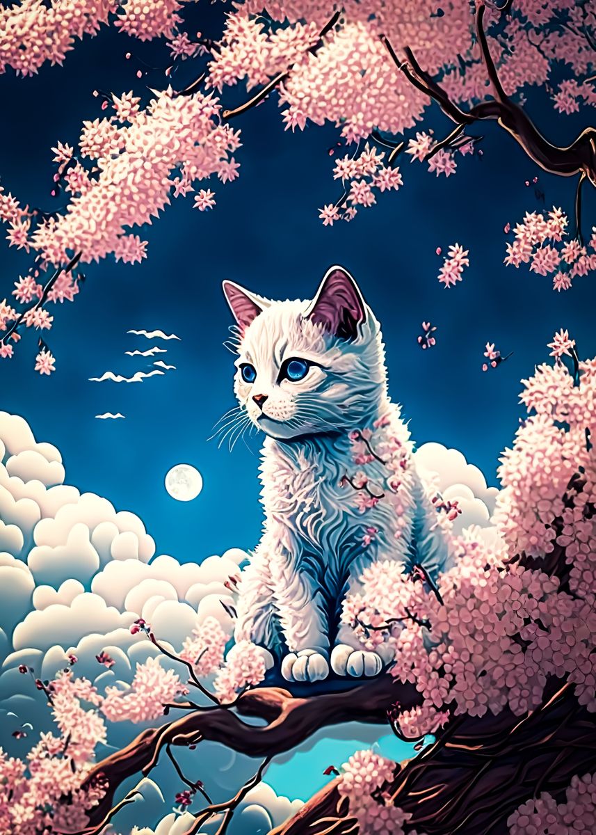 'Cat Cherry Blossoms' Poster, picture, metal print, paint by NeoRowe ...