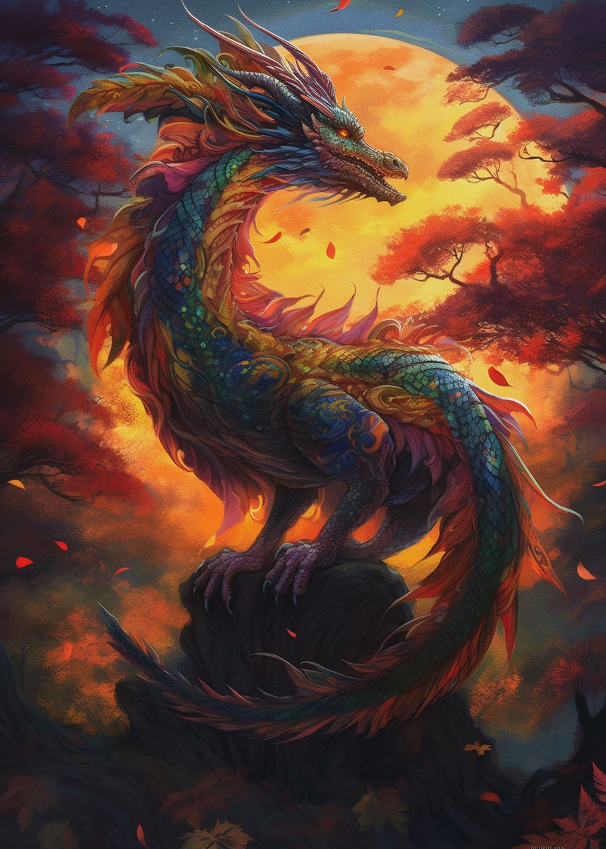 'Dragon sunset' Poster, picture, metal print, paint by Elz art | Displate