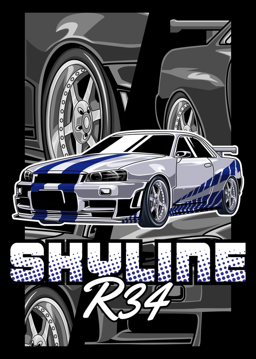 'Skyline R34 Detailed' Poster, picture, metal print, paint by PowerUp ...