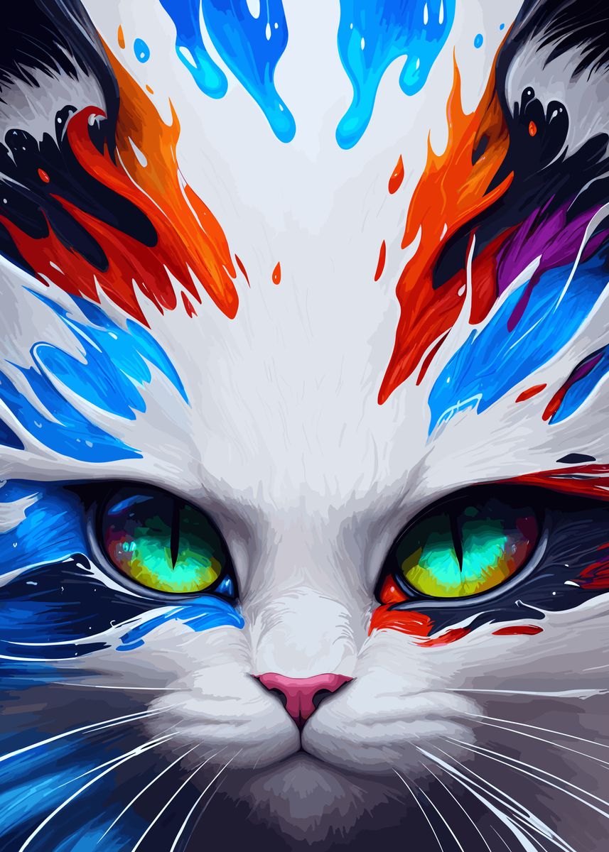 'Colorful Splashed Art Cat' Poster, picture, metal print, paint by ...