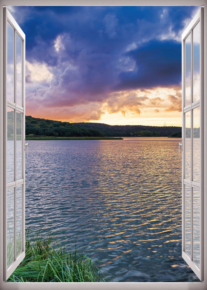 'Window view lake sunset' Poster, picture, metal print, paint by Vicen ...