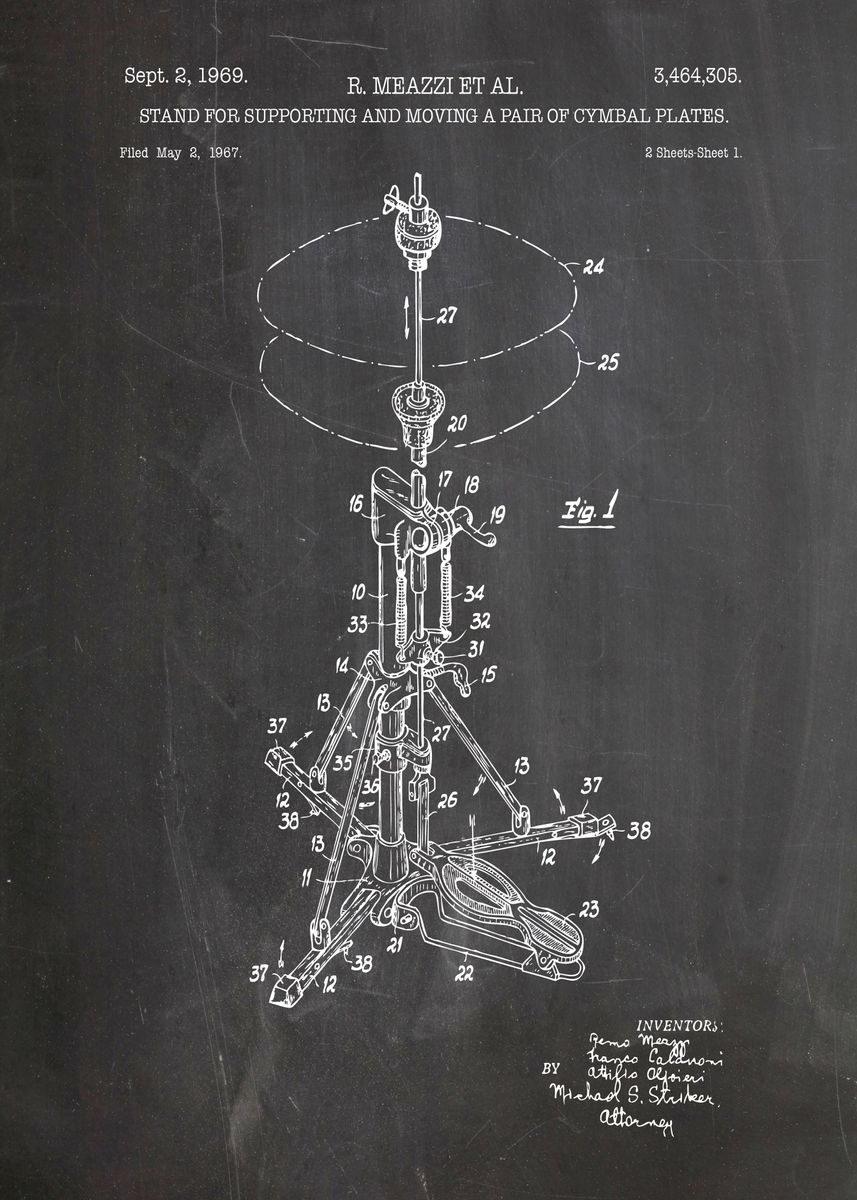 'Drum stand patent 1969' Poster, picture, metal print, paint by ...