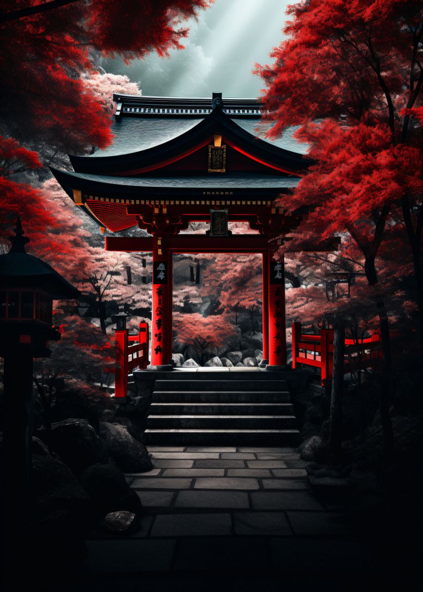 'Red Shrine Amidst Trees' Poster, picture, metal print, paint by ...