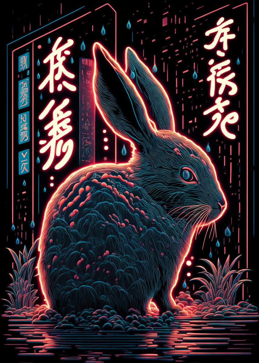 'Rabbit neon' Poster, picture, metal print, paint by Childs Space ...