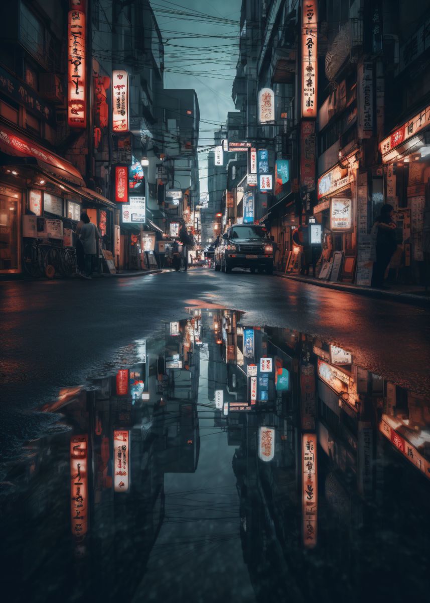 'Tokyo Puddle Reflection' Poster by Vincent Markert | Displate