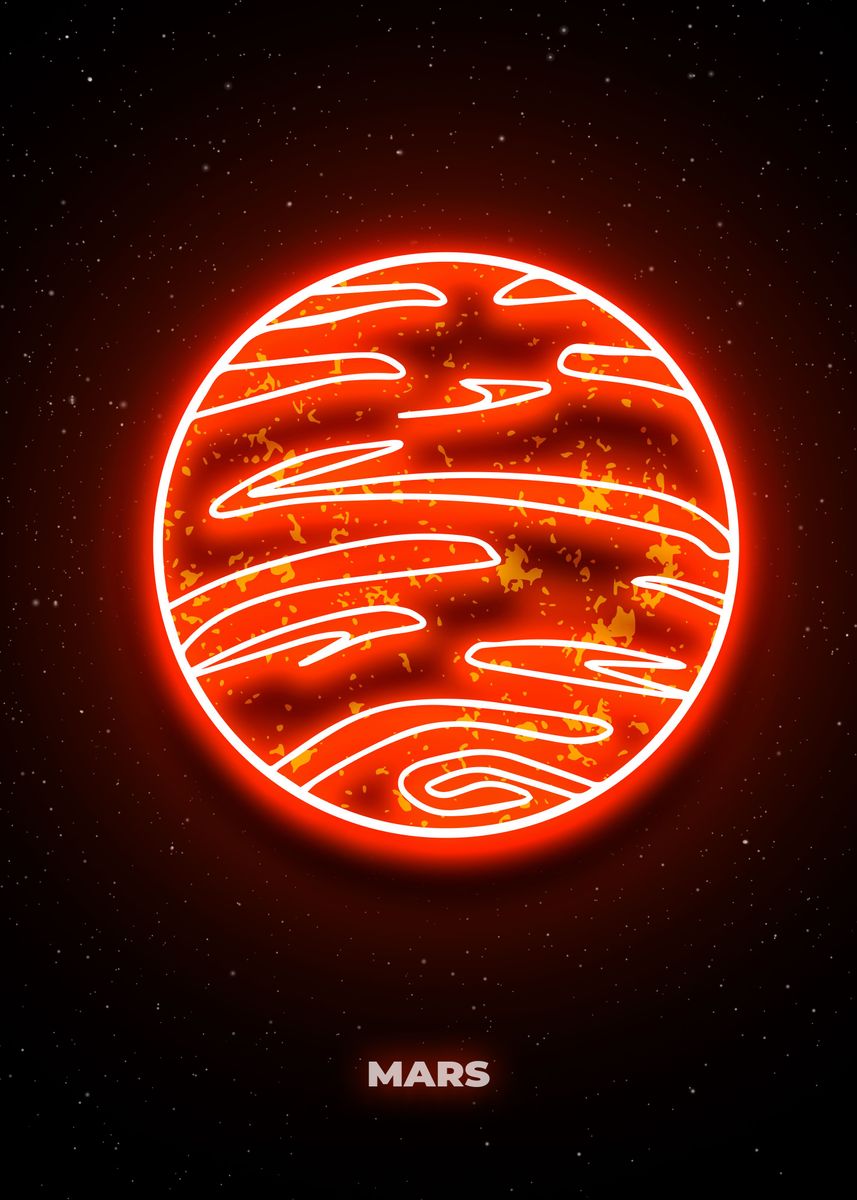 'Mars neon planet' Poster, picture, metal print, paint by Kitty Kit | Displate