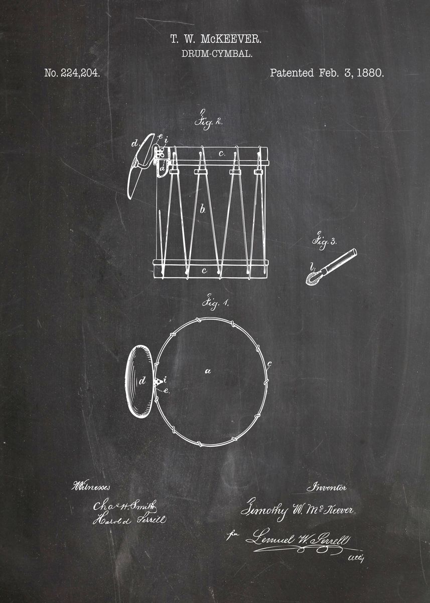 'Cymbal drum patent 1880' Poster, picture, metal print, paint by ...