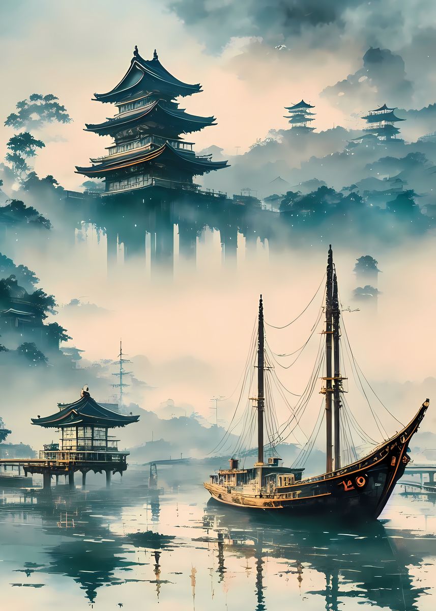 'Vintage bot River Asian ' Poster, picture, metal print, paint by ...