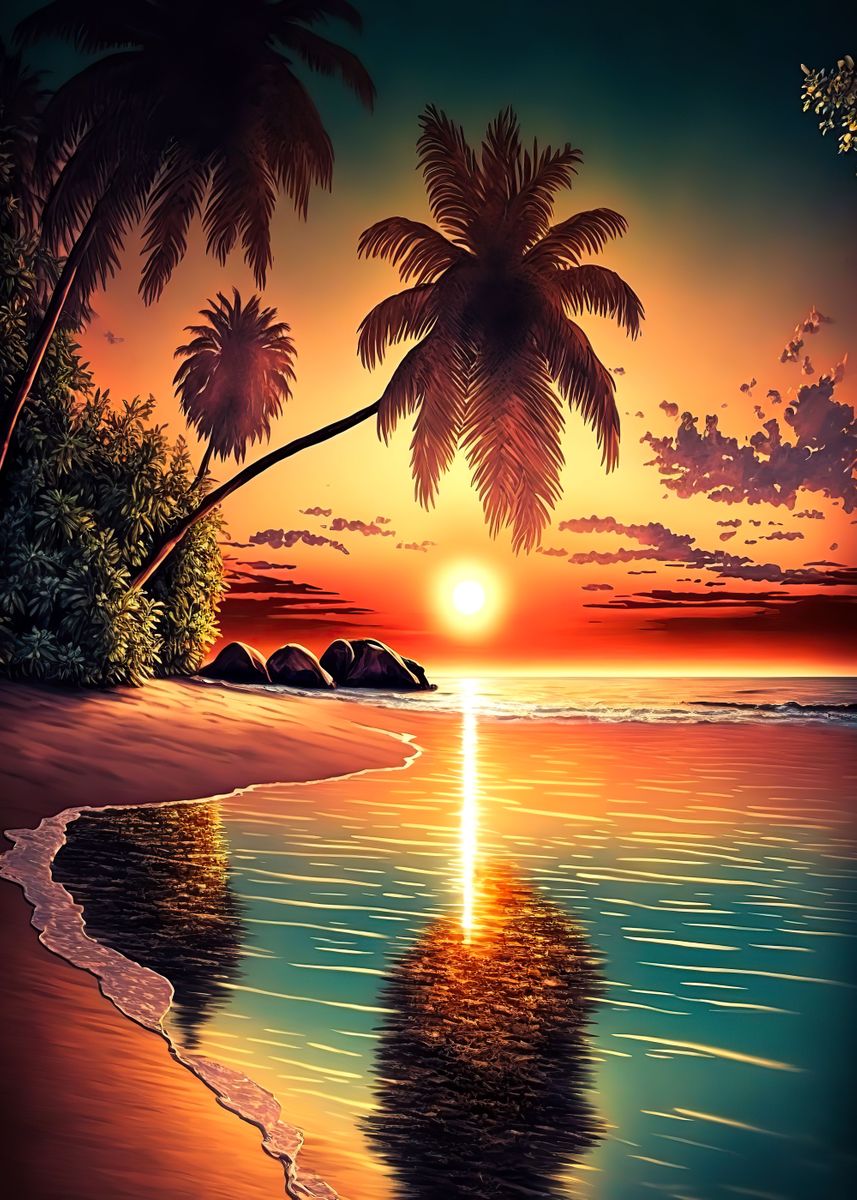 'Beach sunset landscape' Poster, picture, metal print, paint by ...
