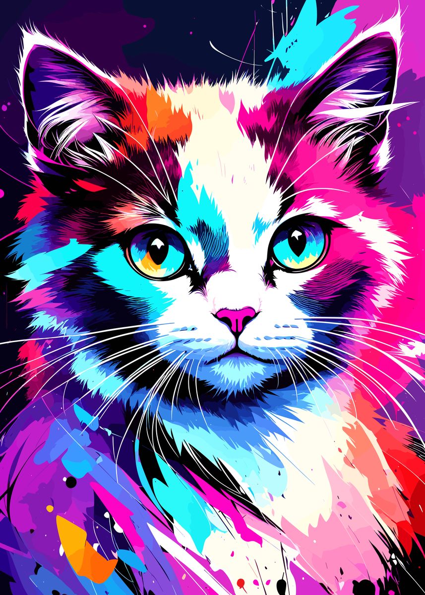 'Colorful Kitty' Poster, picture, metal print, paint by Jovana | Displate