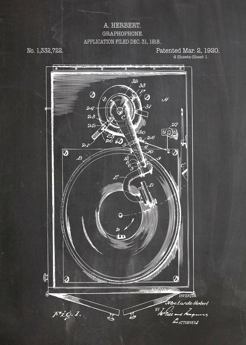 'Graphophone patent 1918' Poster, picture, metal print, paint by ...