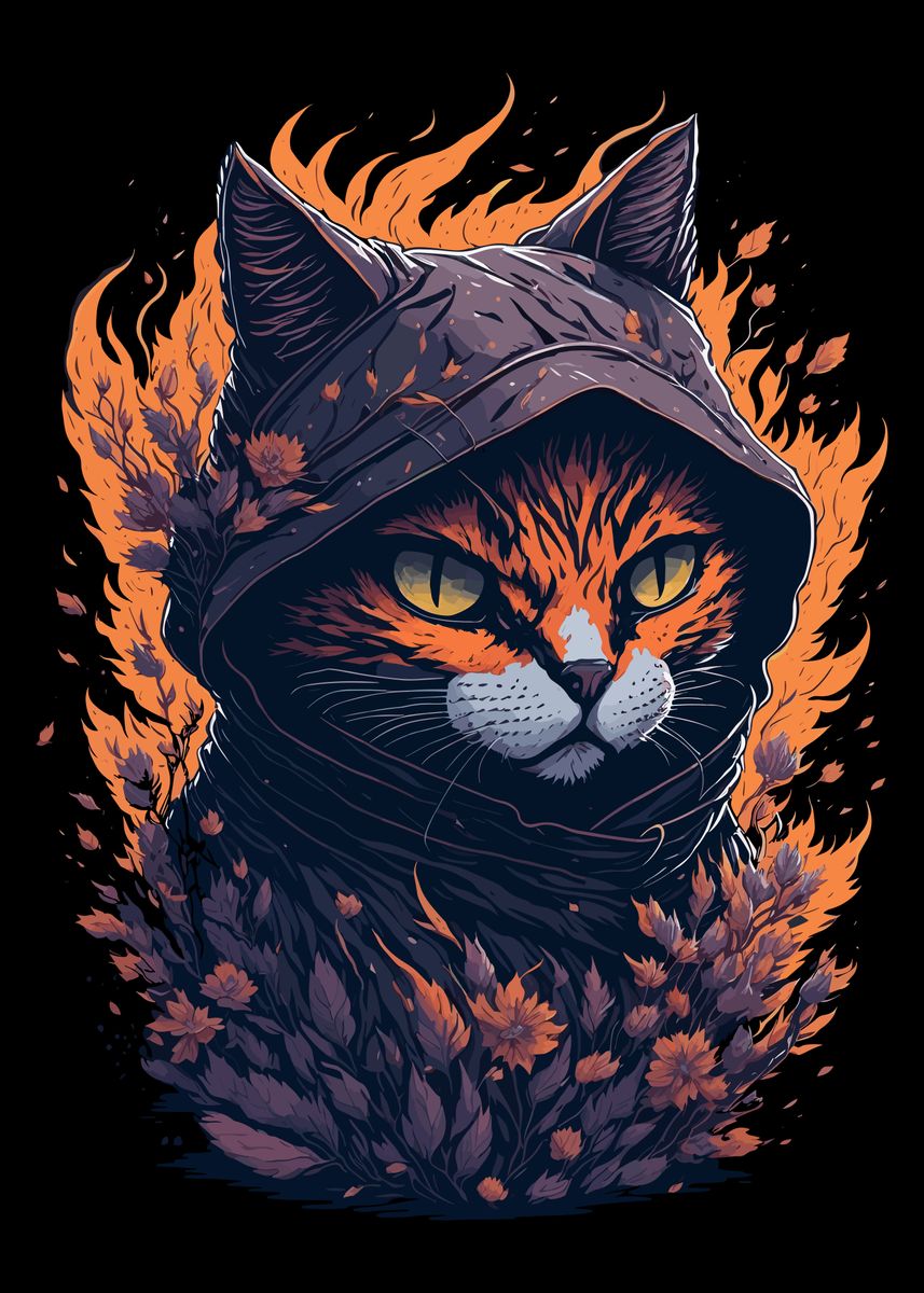 'Ninja Cat Fire' Poster, picture, metal print, paint by Jovana | Displate
