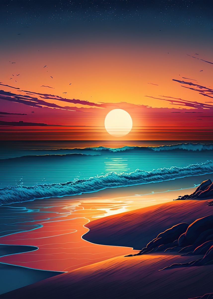 'Beach sunset landscape' Poster, picture, metal print, paint by ...
