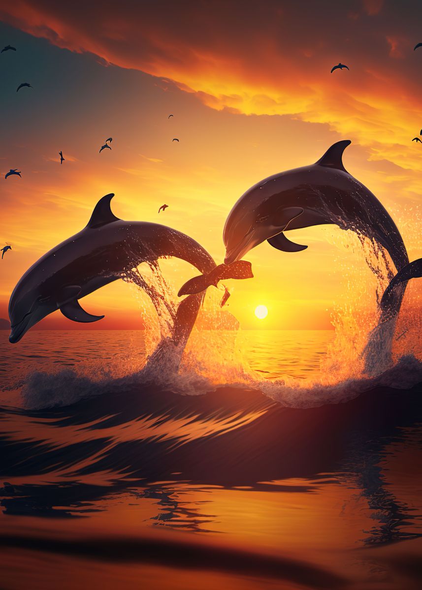 'dolphins jumping ' Poster, picture, metal print, paint by MAD SPACE ...