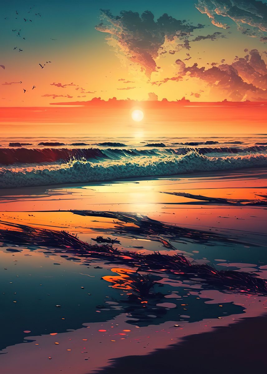 'Beach sunset landscape' Poster, picture, metal print, paint by ...