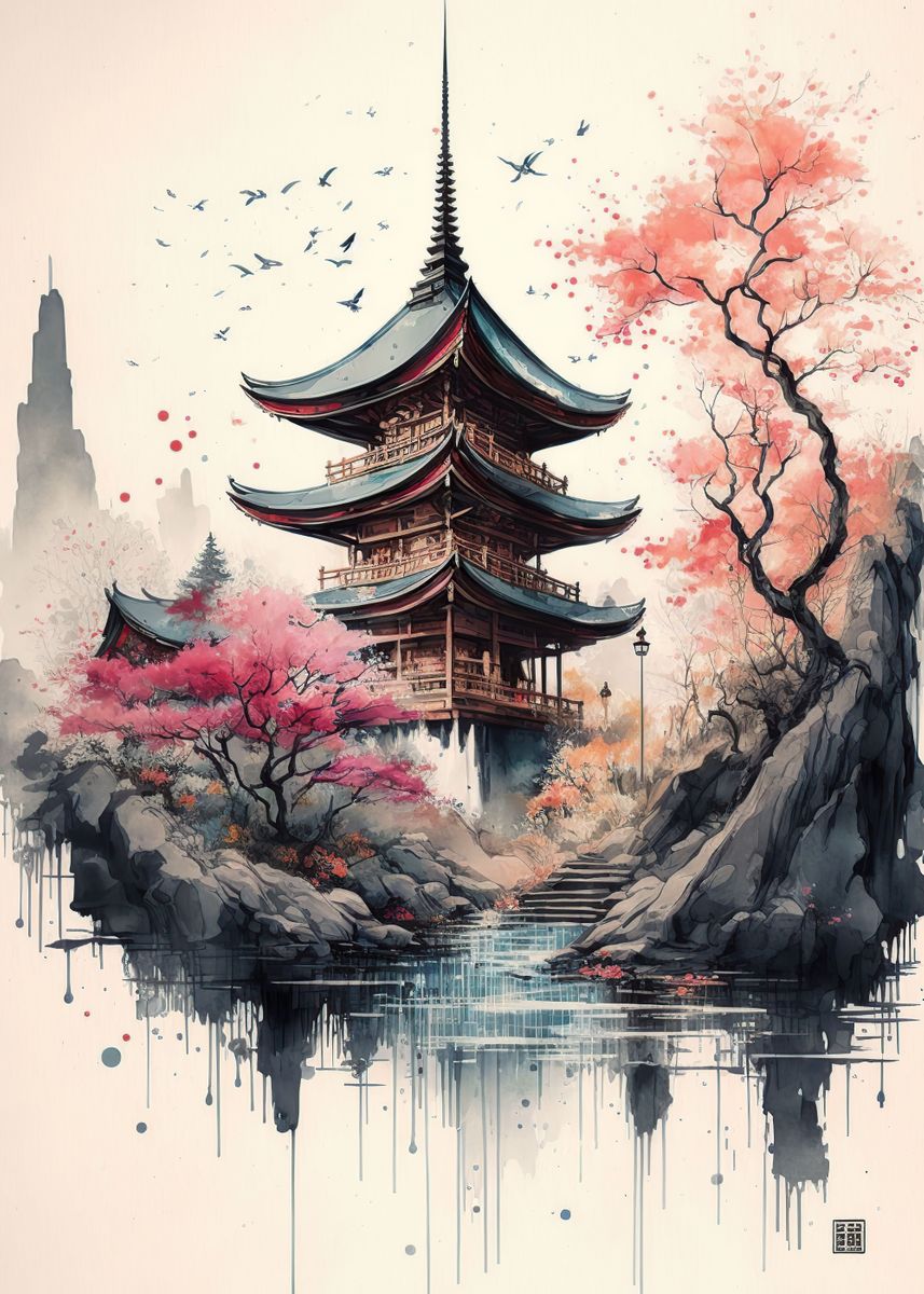 'Japan Landscap Watercolor' Poster, picture, metal print, paint by Agnes Amory | Displate