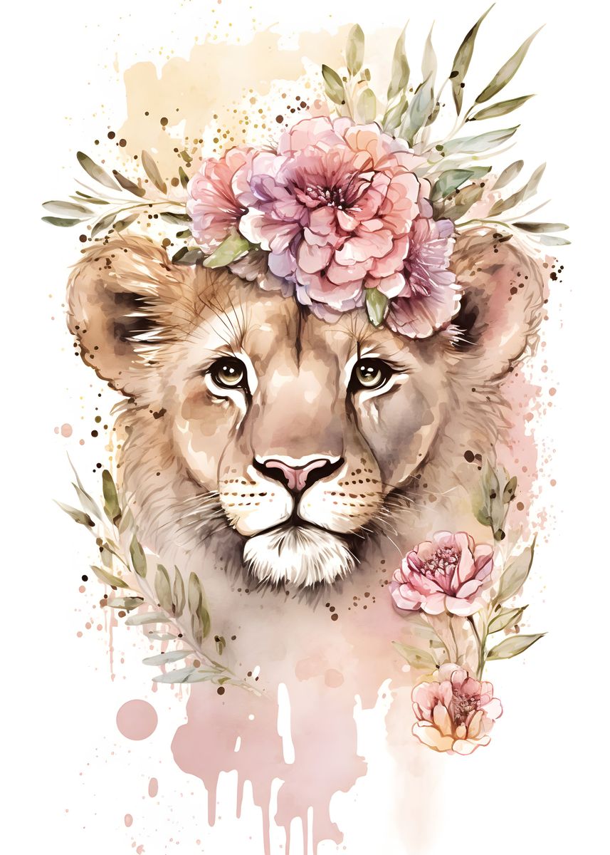 'Pinky Floral Lion' Poster by Sambel Pedes | Displate
