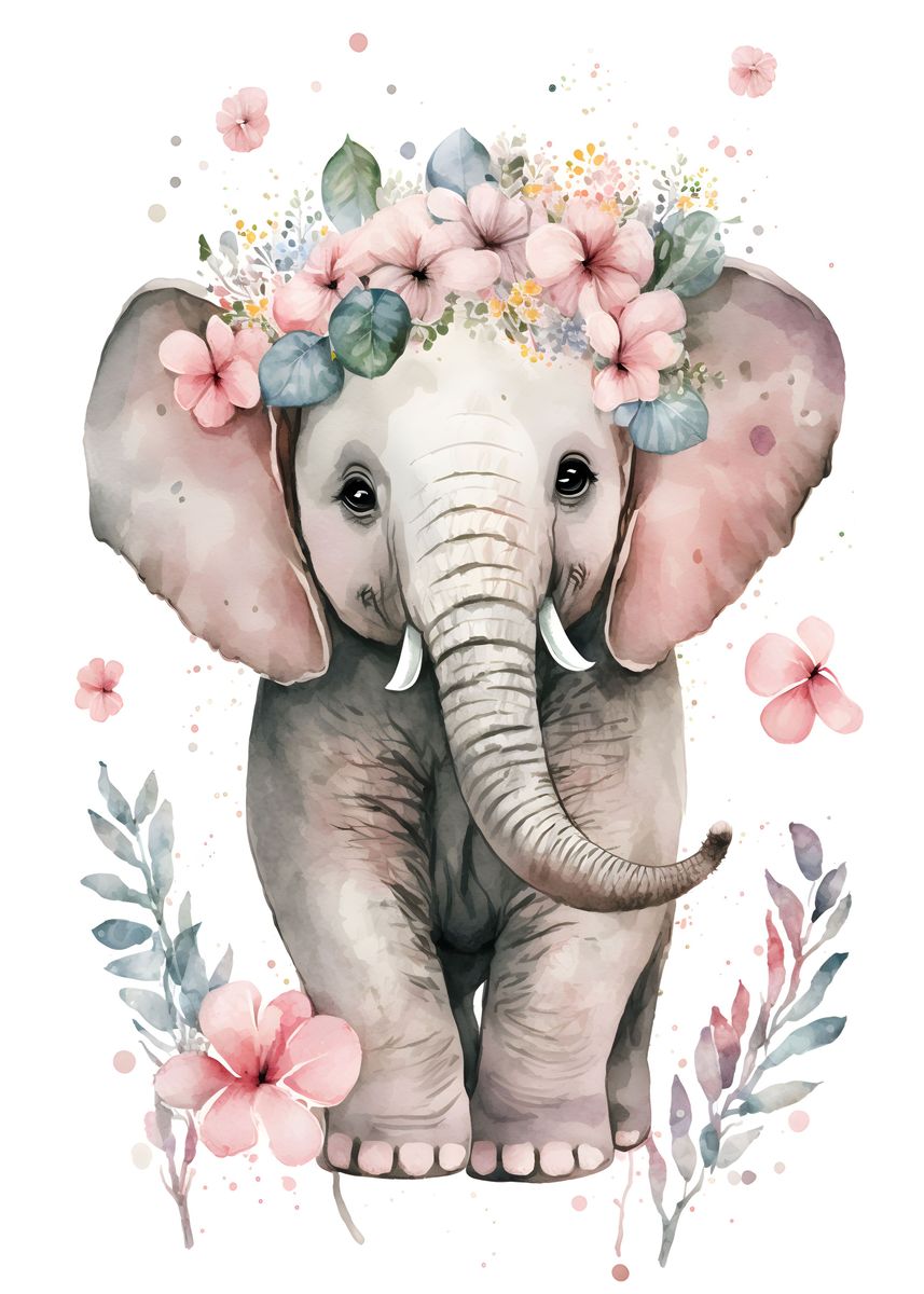 'Pinky Floral Elephant' Poster, picture, metal print, paint by Sambel ...