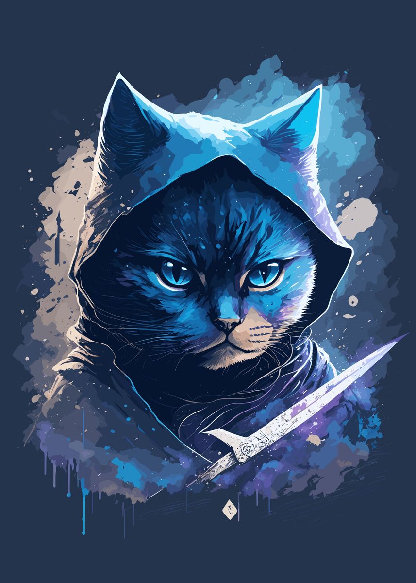 'Blue Ninja Cat' Poster, picture, metal print, paint by Jovana | Displate