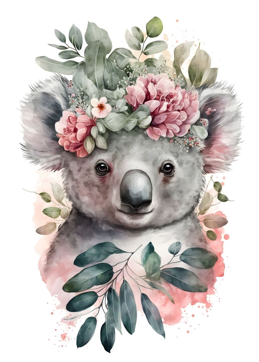 'Pinky Floral Koala' Poster, picture, metal print, paint by Sambel ...