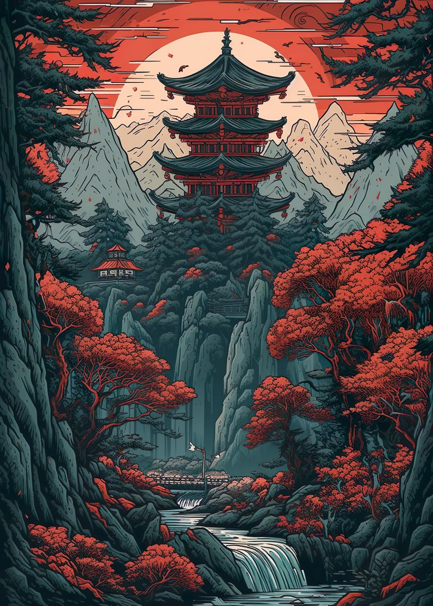 'japanese cliff painting' Poster, picture, metal print, paint by ...