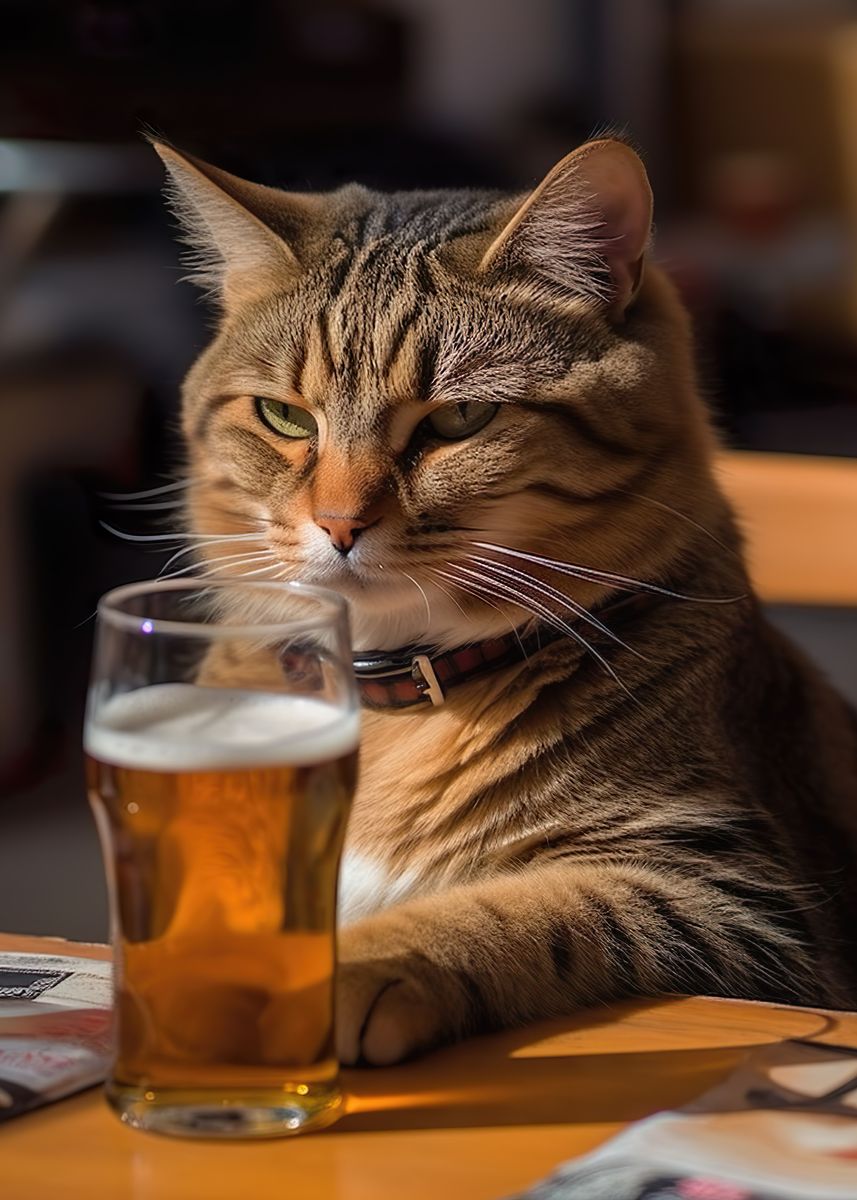 'Beer drinking cat' Poster, picture, metal print, paint by ...