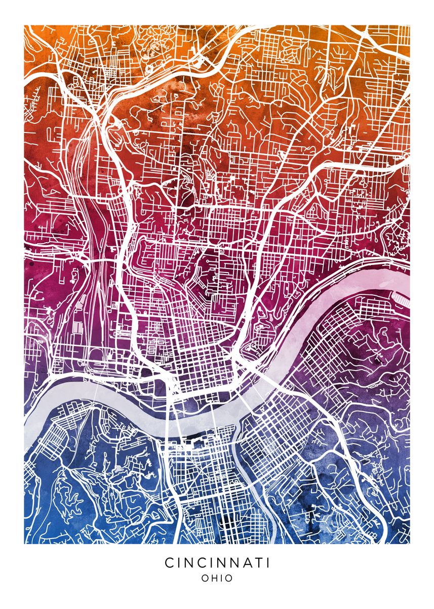 'Cincinnati Ohio Map' Poster, picture, metal print, paint by Michael ...