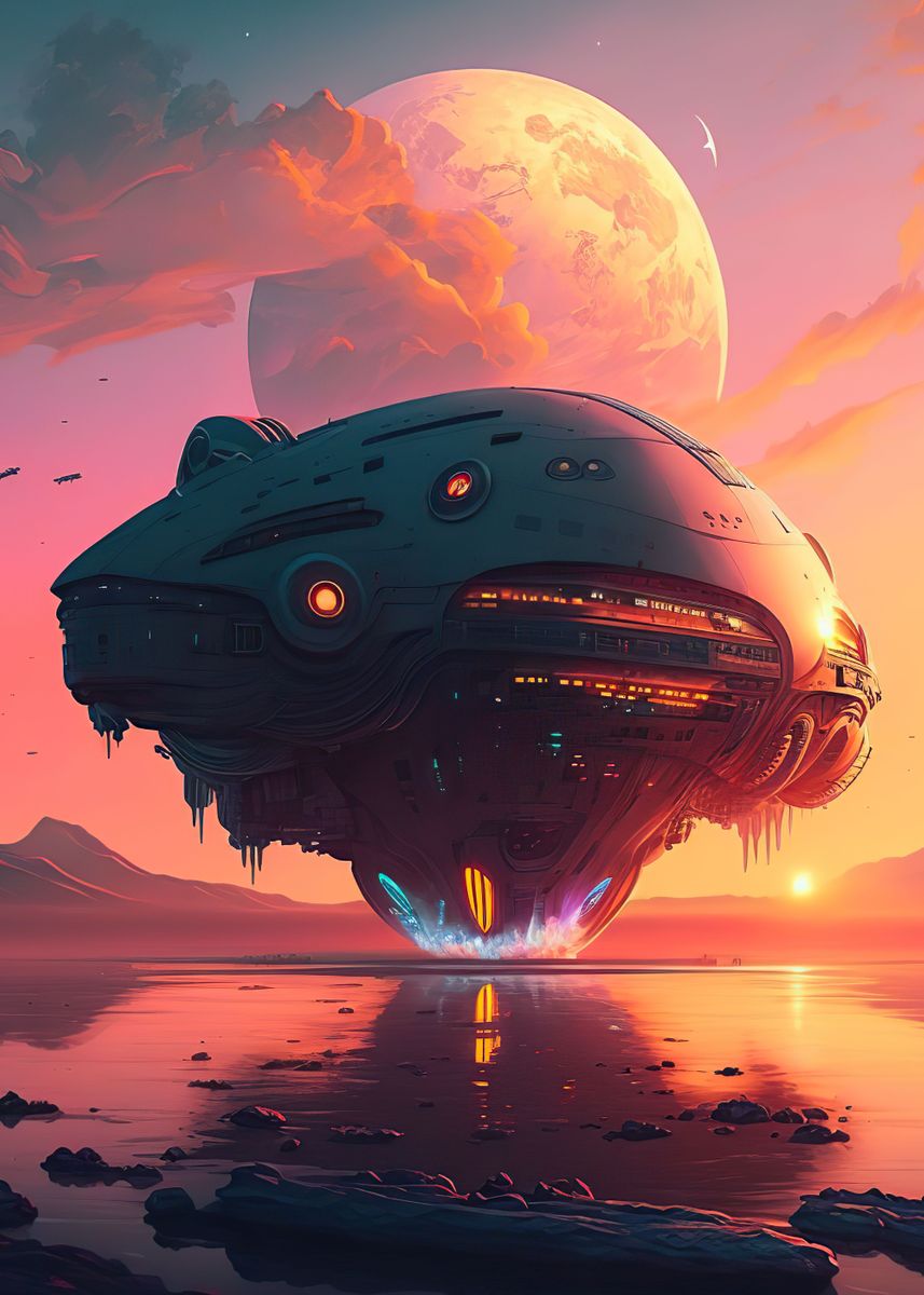 'Spaceship sunset' Poster, picture, metal print, paint by Angelina ...