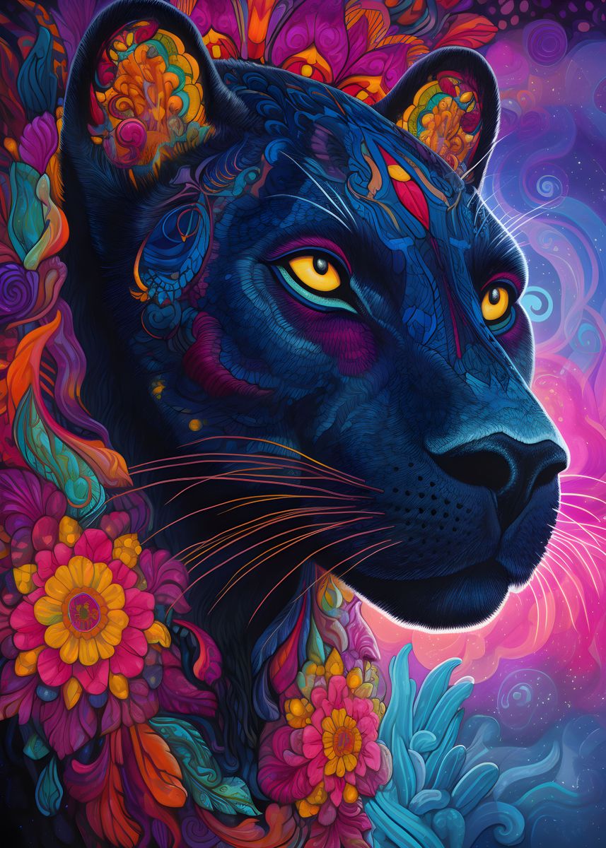 'Panther with flower fur' Poster, picture, metal print, paint by ...