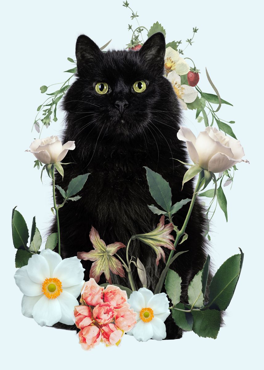 'cat collage floral' Poster, picture, metal print, paint by EDSON RAMOS ...